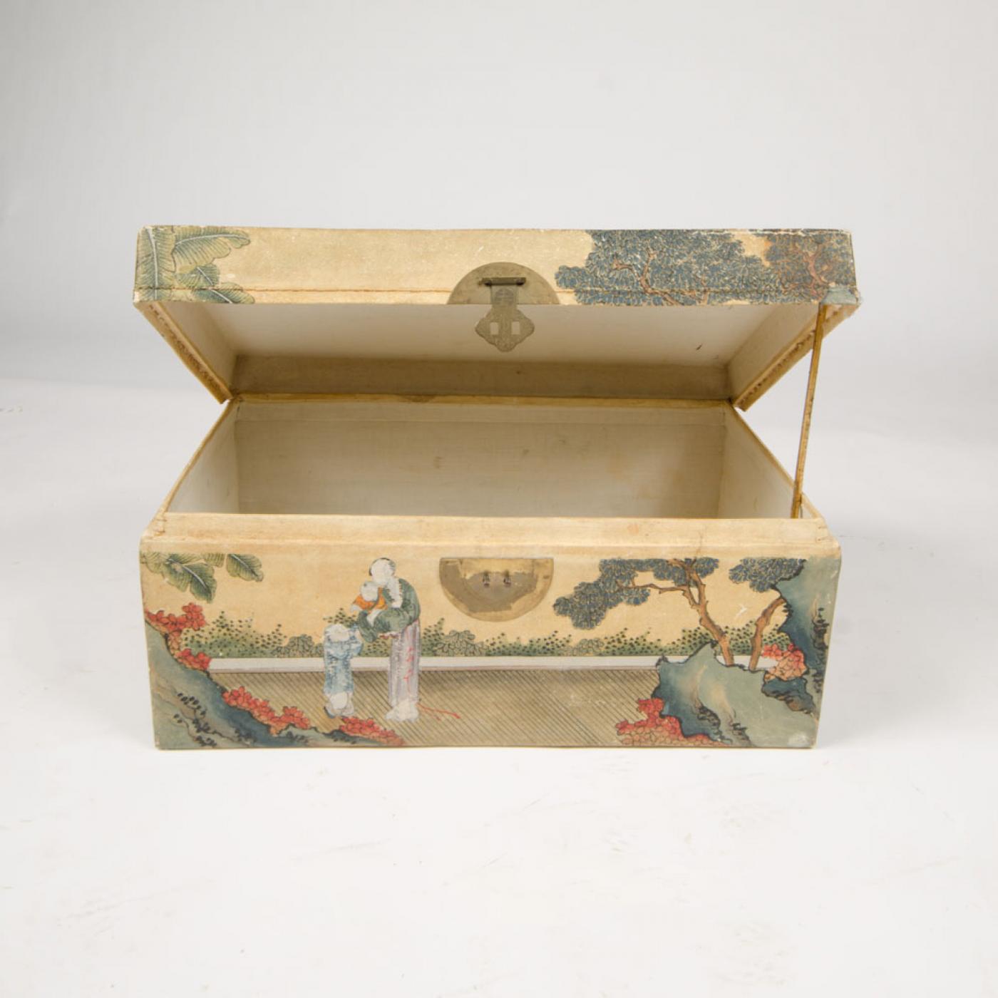 A large decorative Chinese Pig Skin trunk with brass hardware, late ...