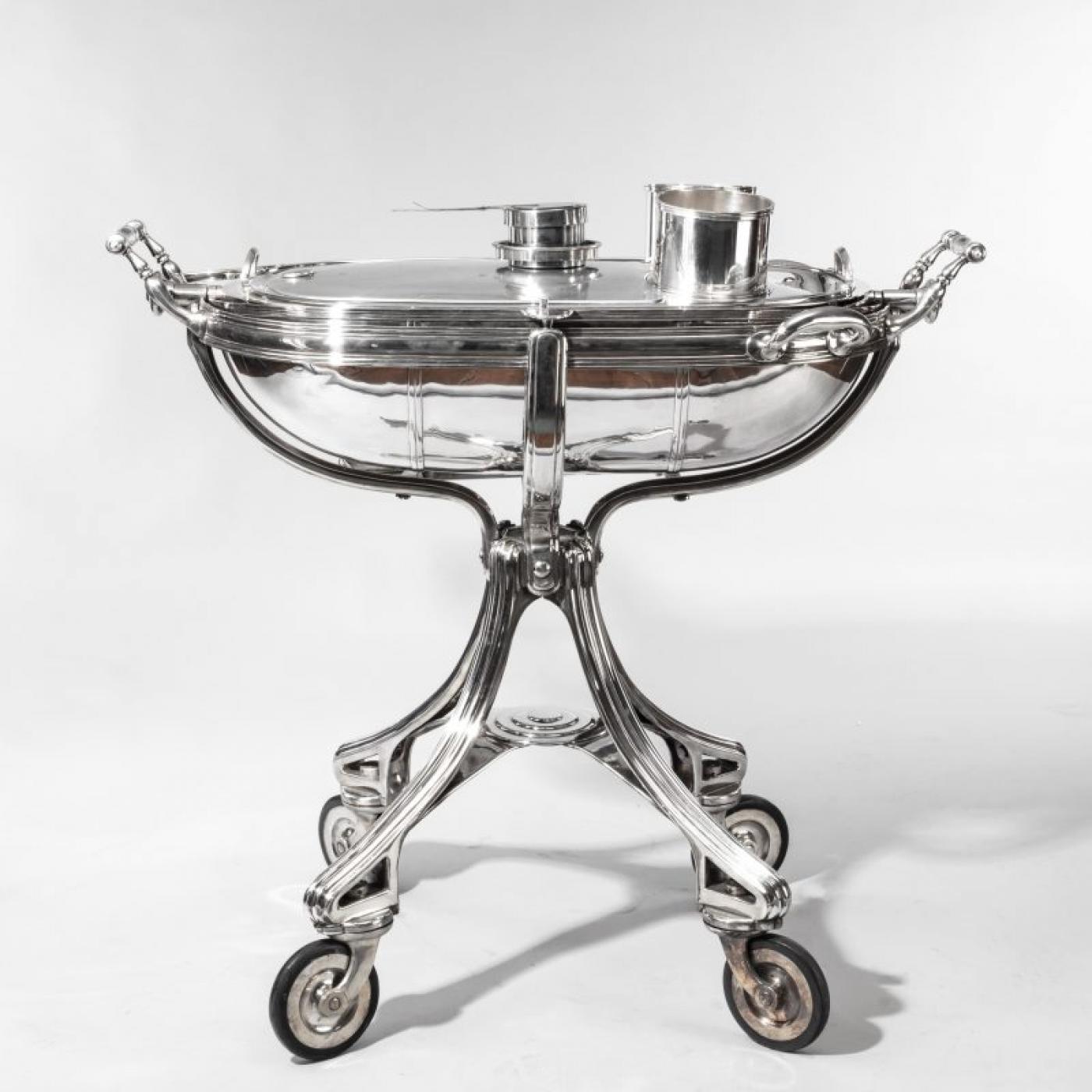 A large silver plate carving trolley or roast beef trolley by Erguis