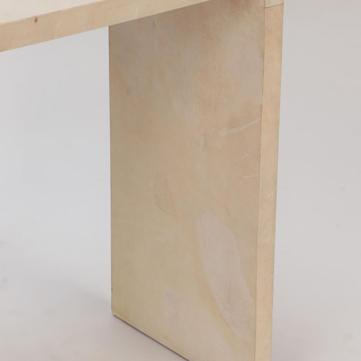 A pair of parchment covered console tables. Contemporary.