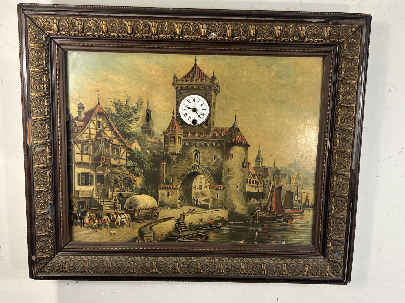 ANTIQUE PENNY OPERATED MUSICAL CLOCK SCENIC CASTLE & VILLAGE ON ...