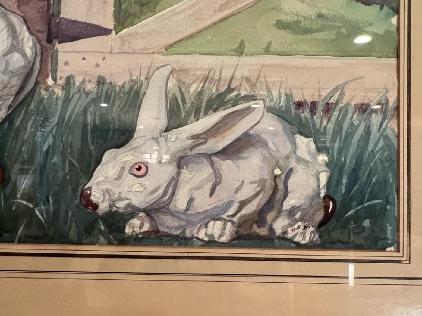 ART DECO ERA WHITE RABBIT AND WHITE FANCY PIGEON AMONGST FARMHOUSE ...