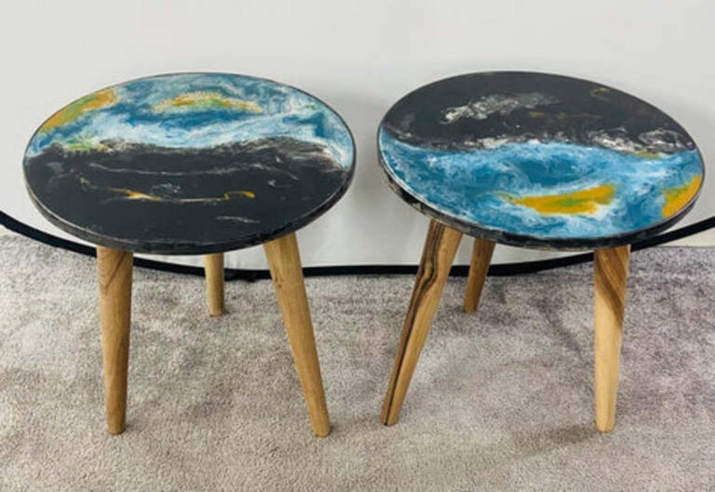 Abstract Art Design Epoxy Resin Top & Walnut Legs, End or Side Table, a ...