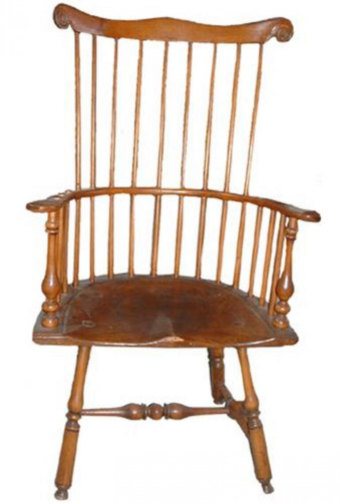 An 18th Century Carved Fruit Wood American Colonial Comb Back Armchair,