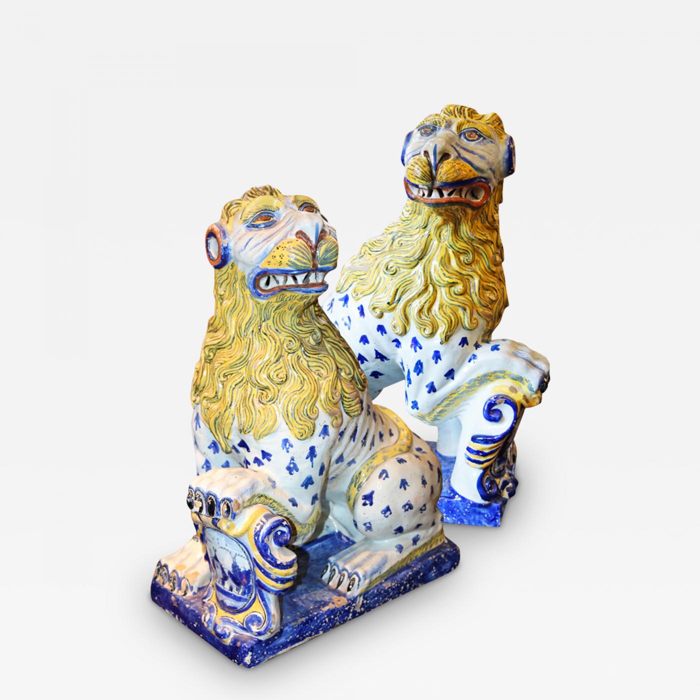 An Exceptional Pair of 18th Century Faience Ceramic Lions