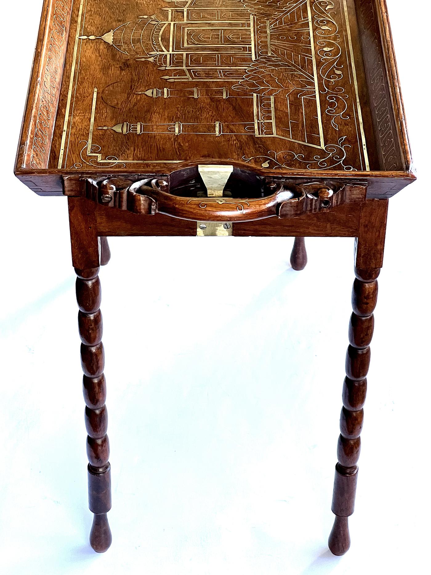 Anglo Indian butlers-style inlaid wooden traveling table depicting the ...