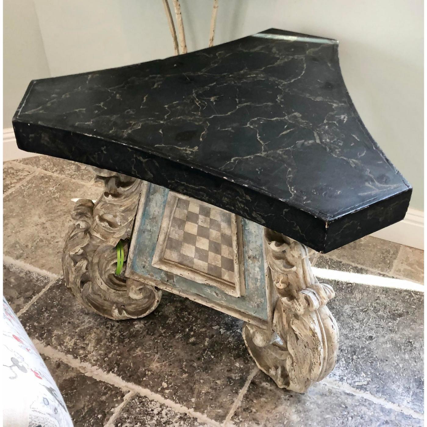 Antique 17th C French Rococo Scroll Leg Table - Faux Marble Top