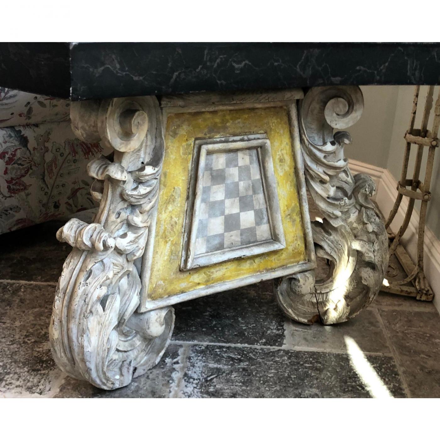 Antique 17th C French Rococo Scroll Leg Table - Faux Marble Top