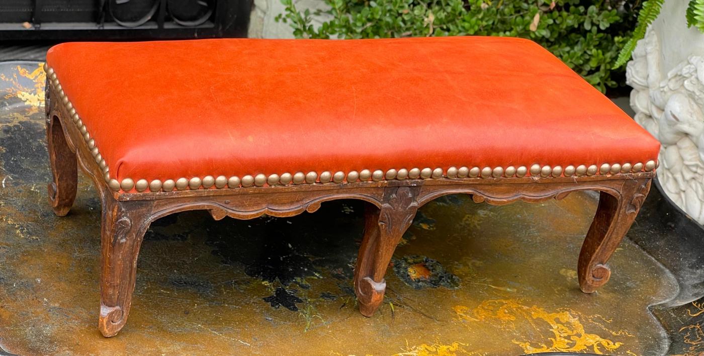 Antique 19 C French Provincial Ottoman Low Foot Stool - Leather