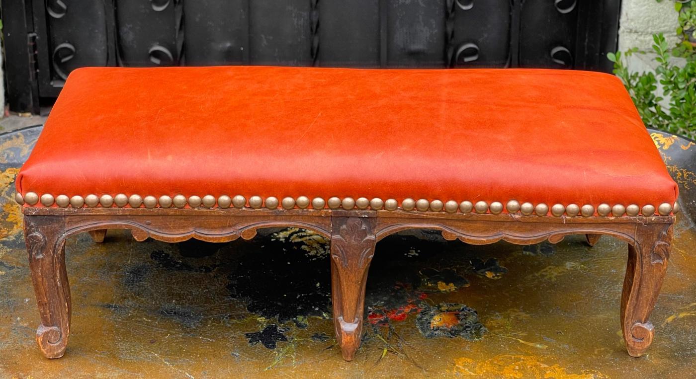 Antique 19 C French Provincial Ottoman Low Foot Stool - Leather