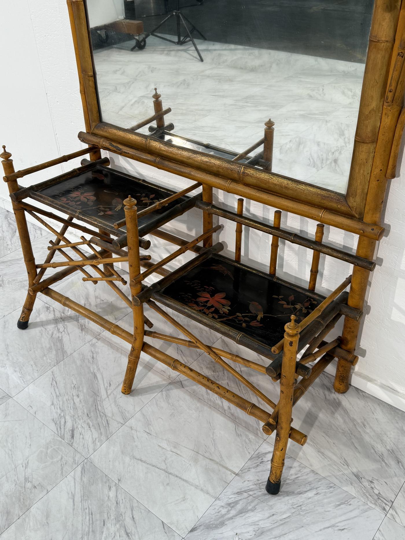 Antique 19th Century Anglo-Japanese Bamboo Hall Tree with Mirror