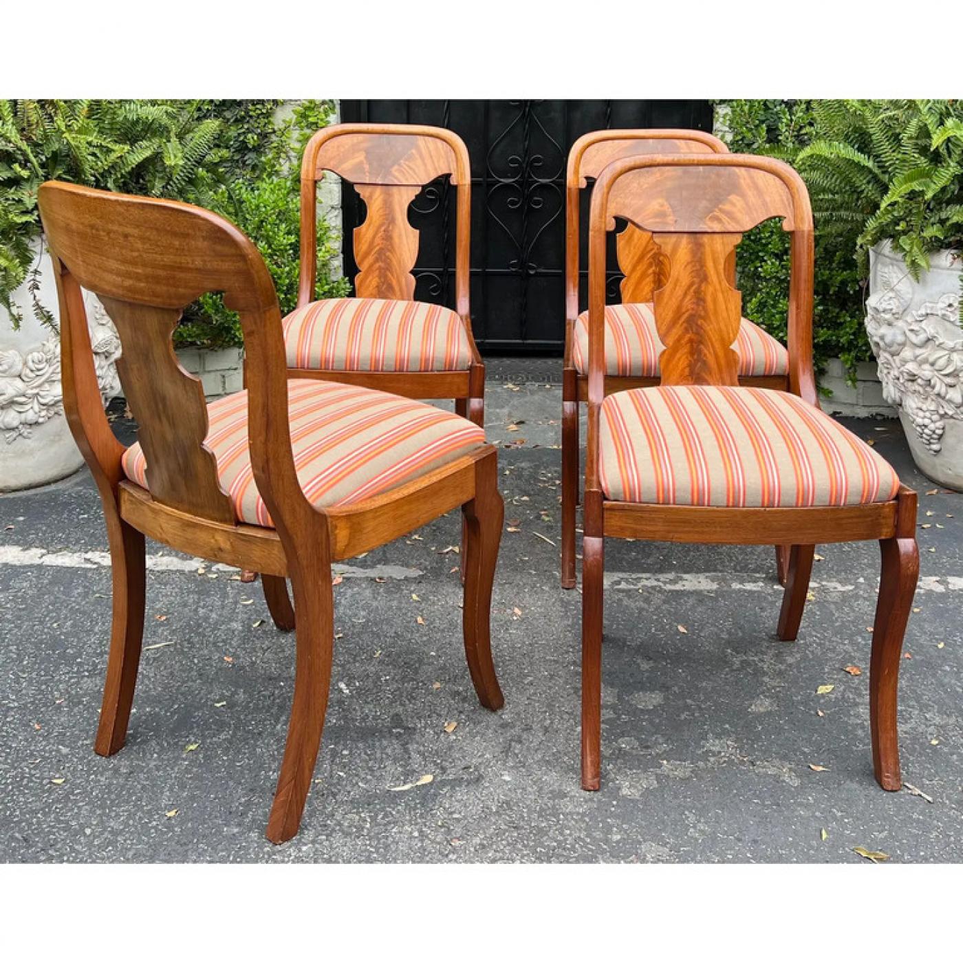 Antique American Empire Flame Mahogany Spoon Back Dining Chairs - Set of 4