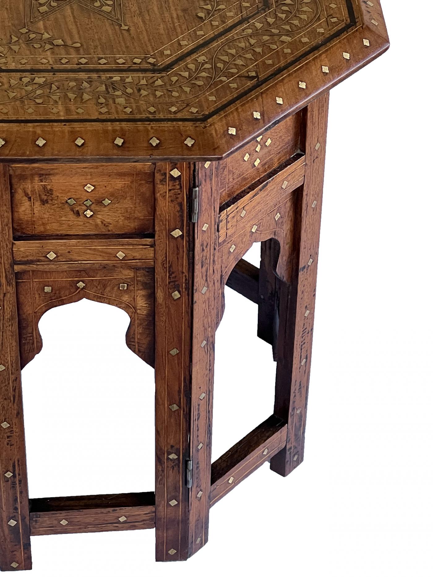 Antique Anglo Indian Octagonal Traveling Table with Brass and Copper Inlay