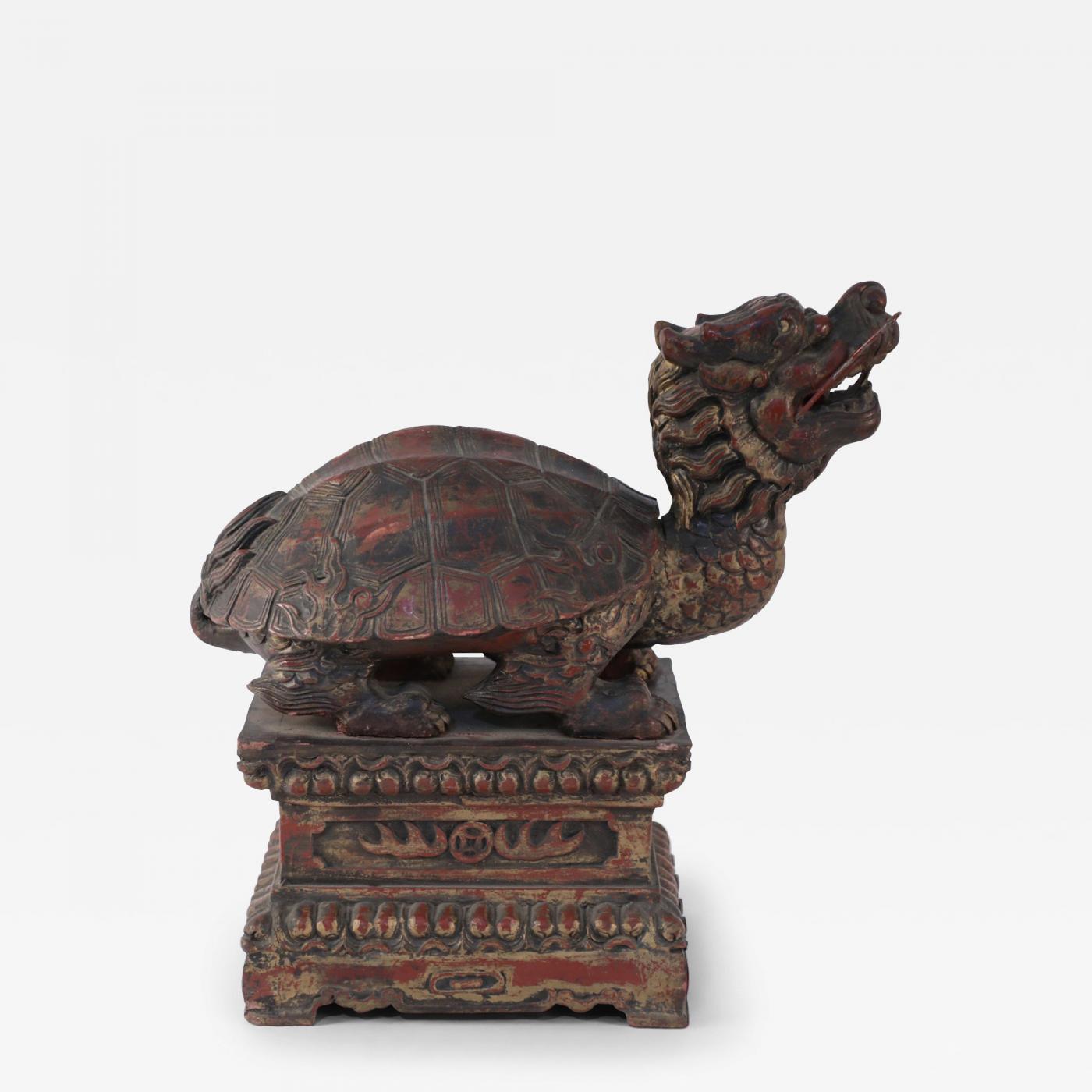 Antique Chinese Carved Wooden Longgui Dragon Turtle Sculpture