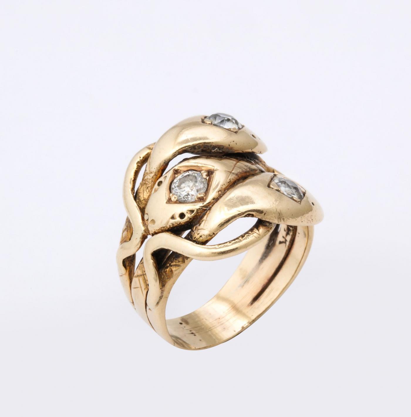 Antique Diamond and Gold Three Headed Snake Ring