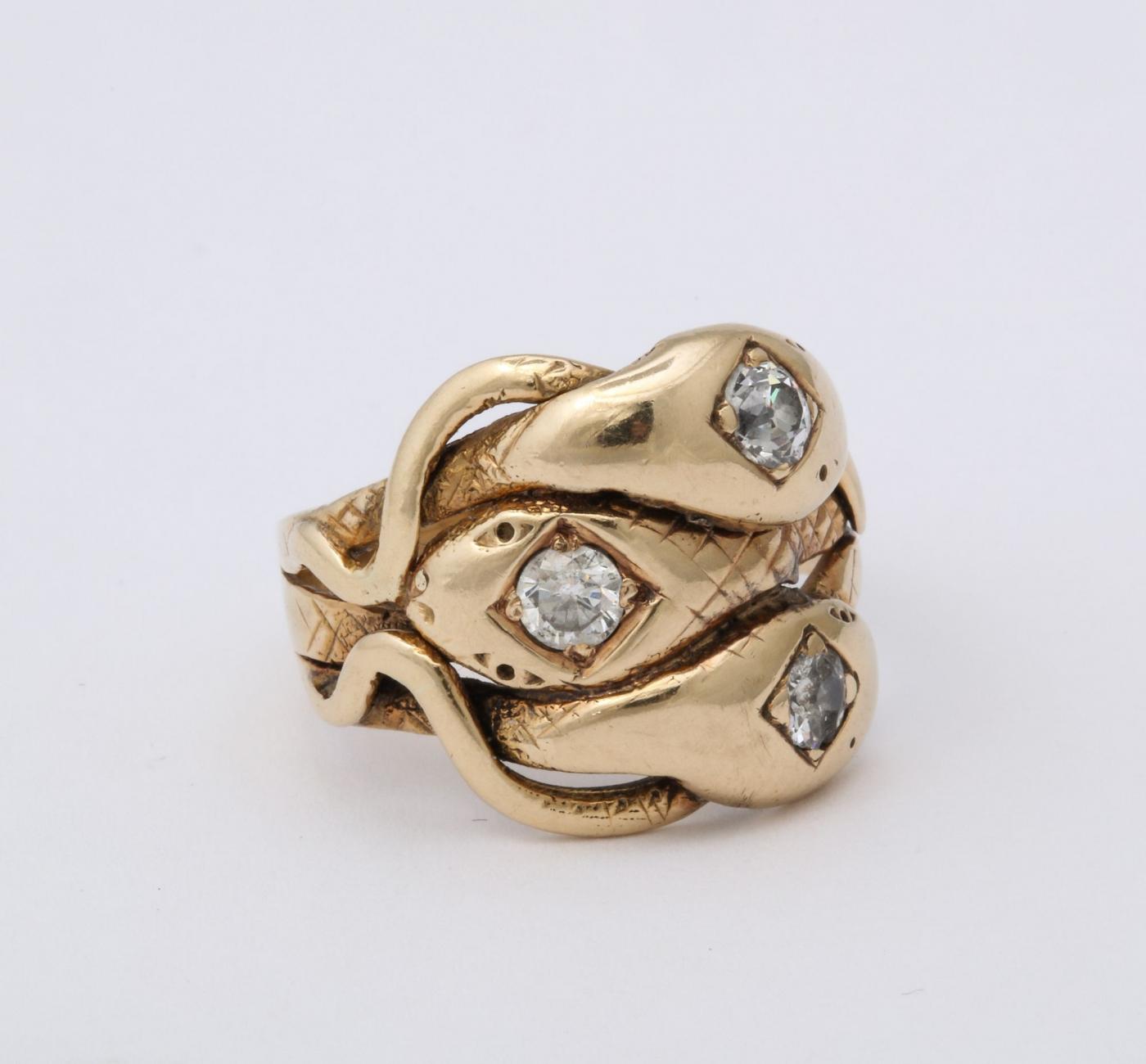 Antique Diamond and Gold Three Headed Snake Ring