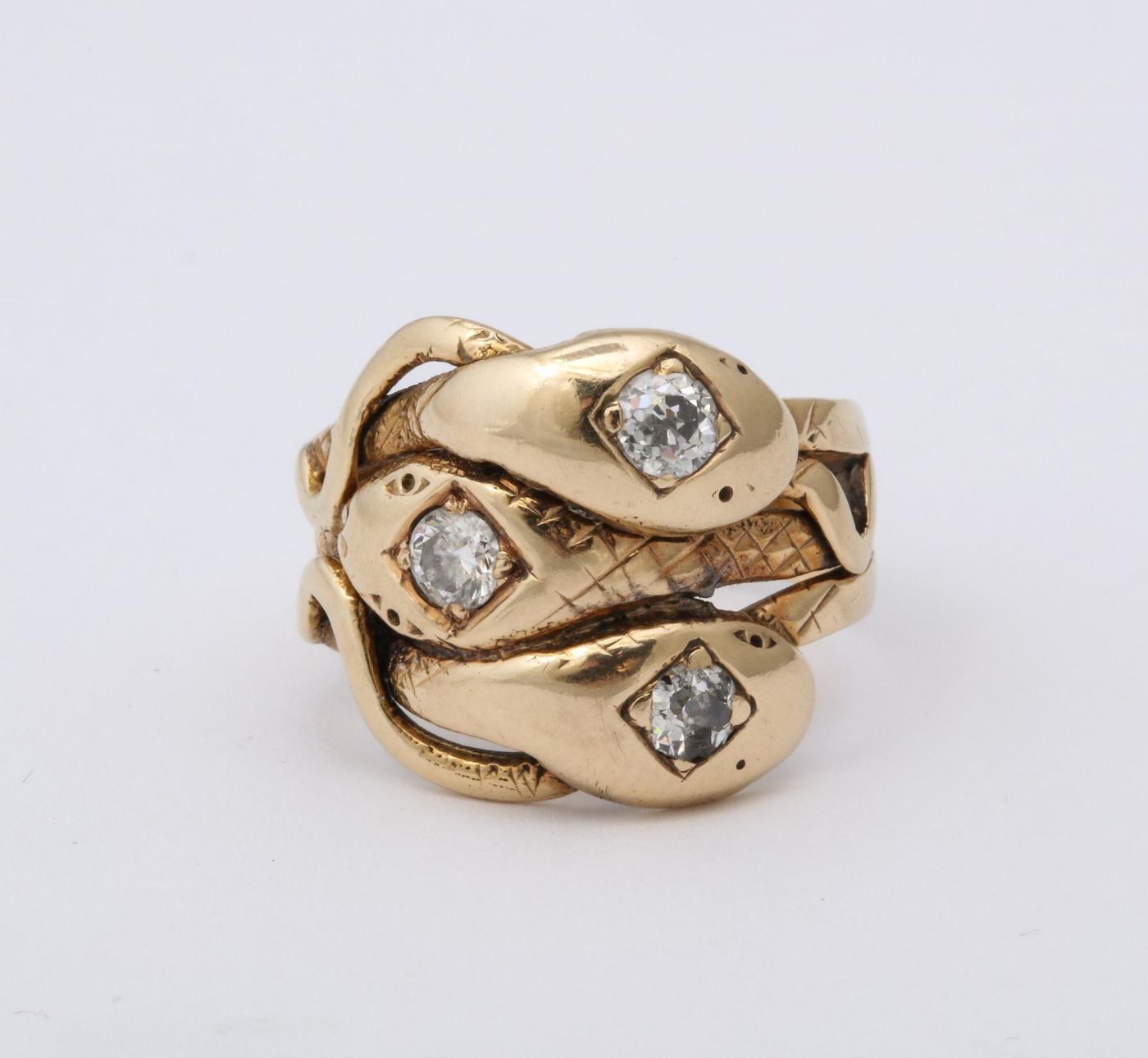 Antique Diamond and Gold Three Headed Snake Ring