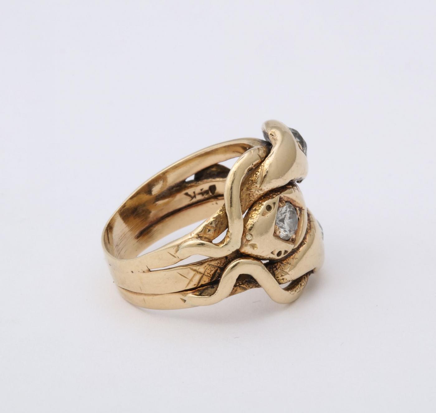 Antique Diamond and Gold Three Headed Snake Ring