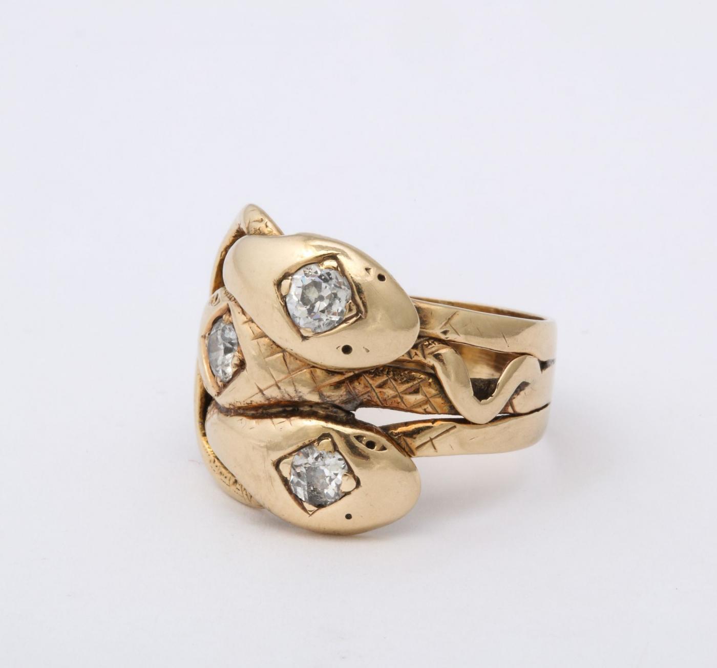 Antique Diamond and Gold Three Headed Snake Ring