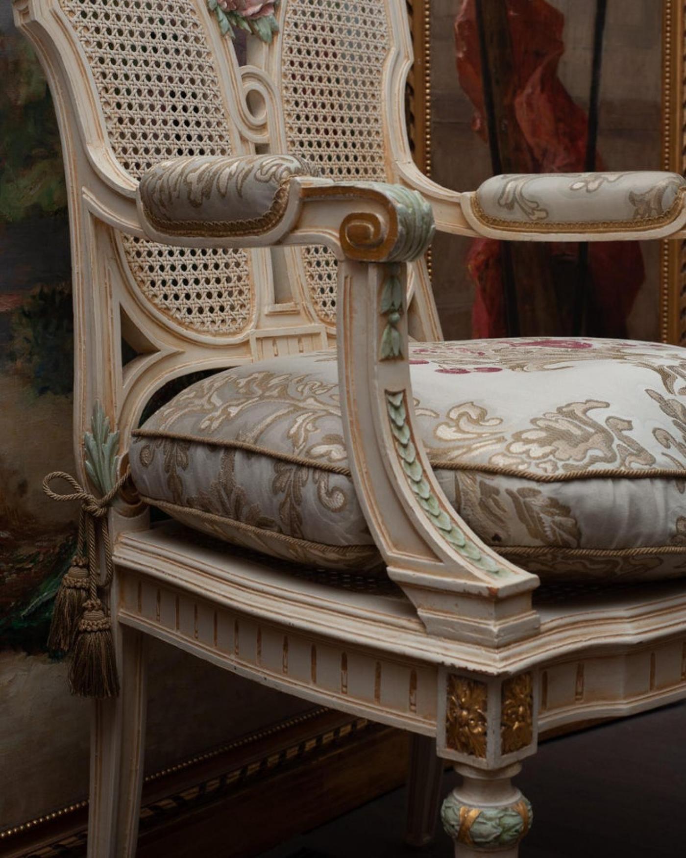 Antique French Handpainted Chair with Cane Webbing and Brocade Upholstery