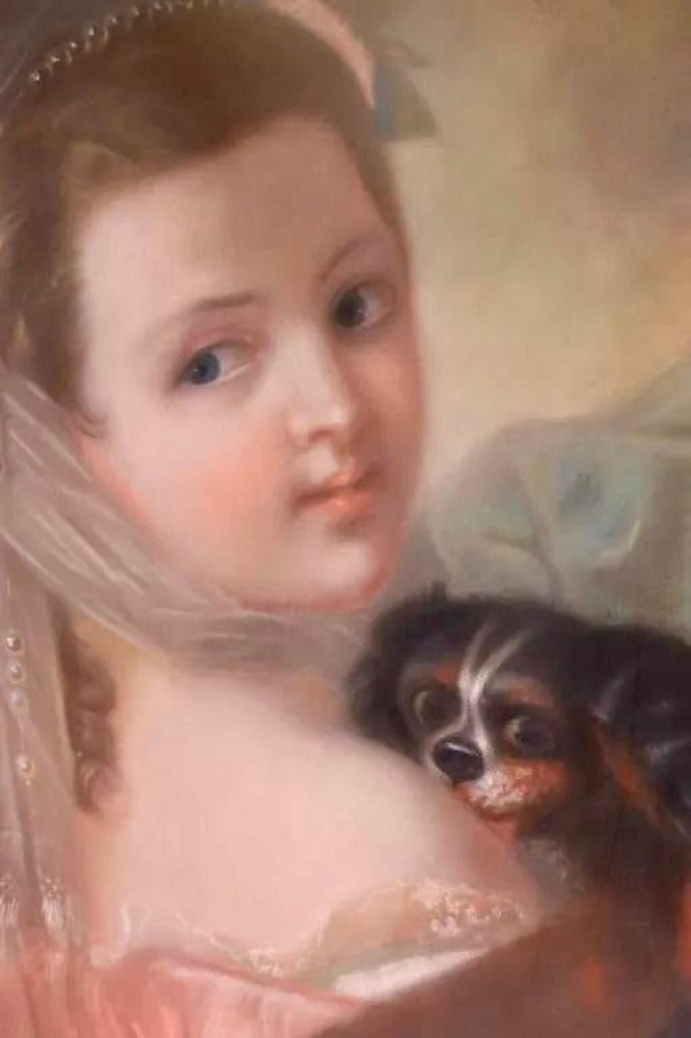Antique French Portrait Pastel Oil Painting of Girl & Dog
