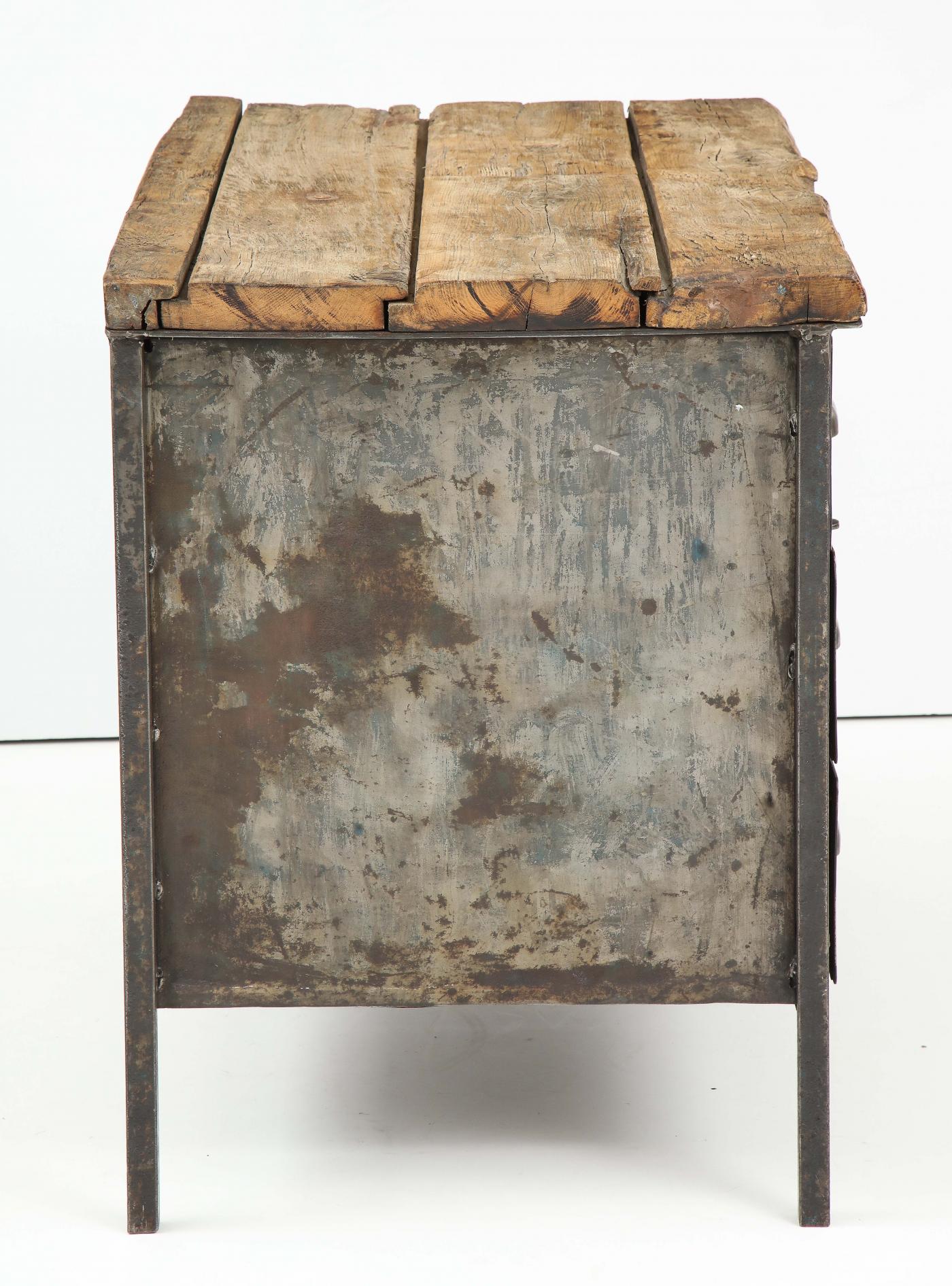 Antique Industrial Metal Chest of Drawers with Chunky Wood Top, c. 1900.