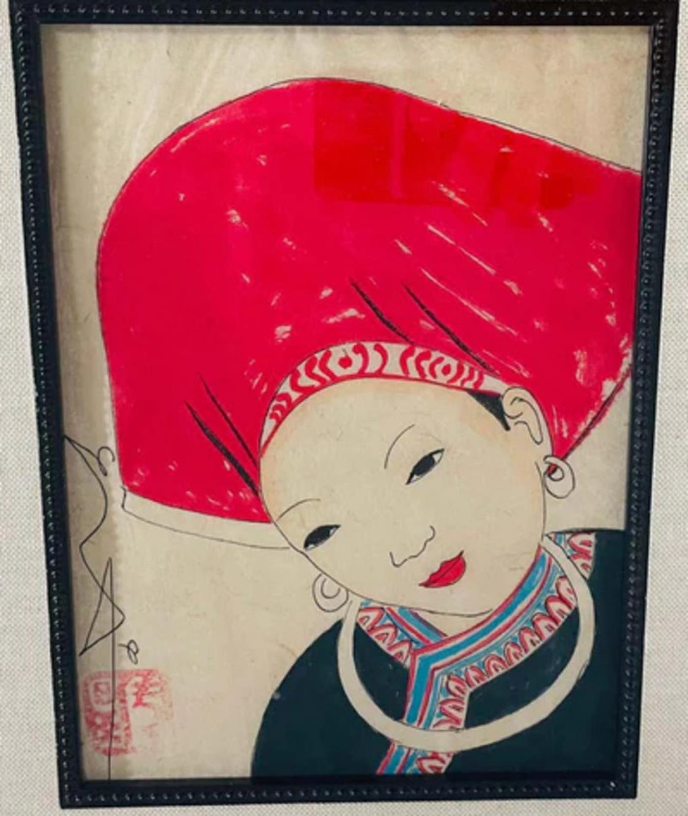 Antique Japanese Asian Women Portrait Etching Print Signed, a Pair