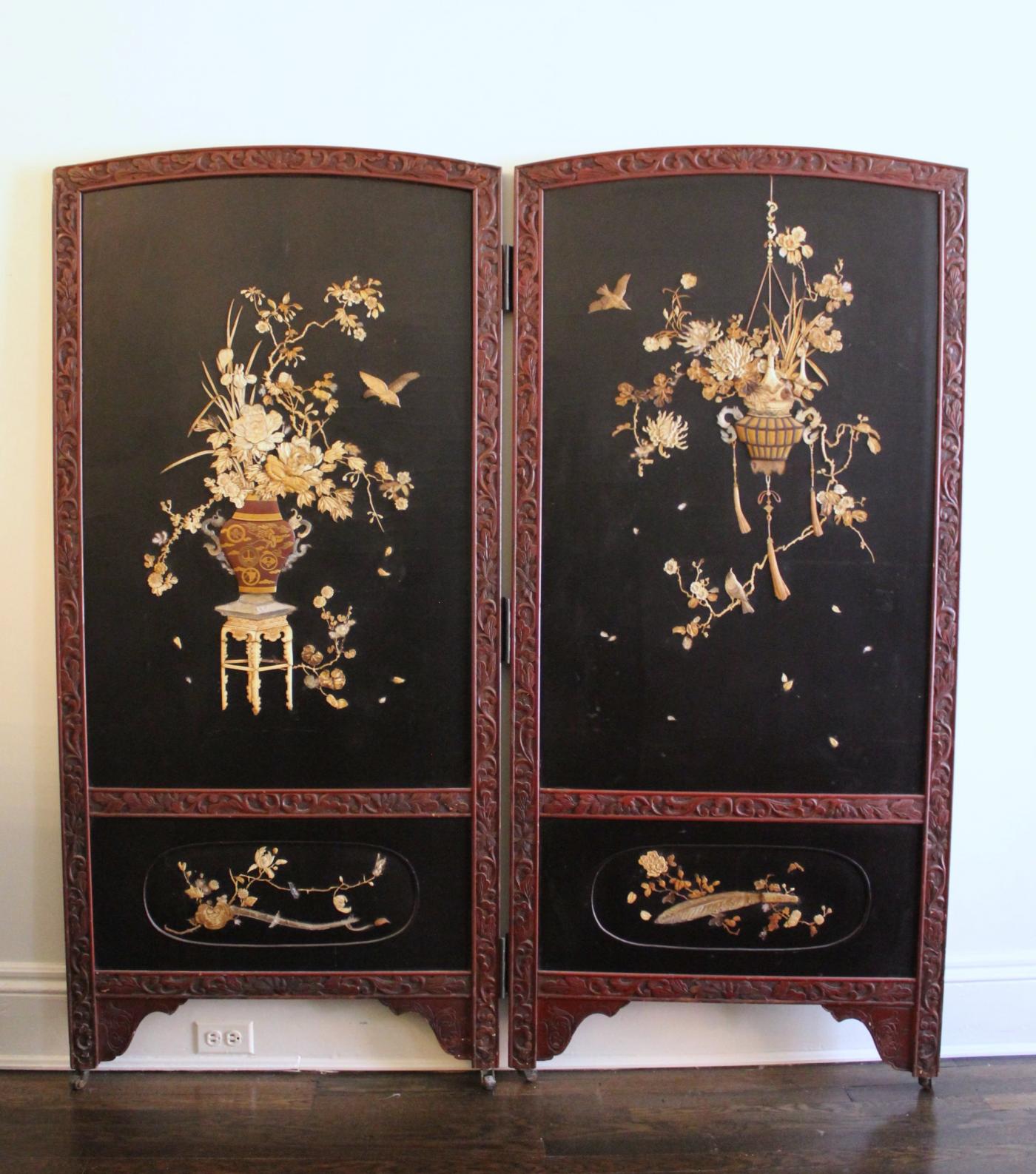 Antique Japanese Black Lacquer Screen