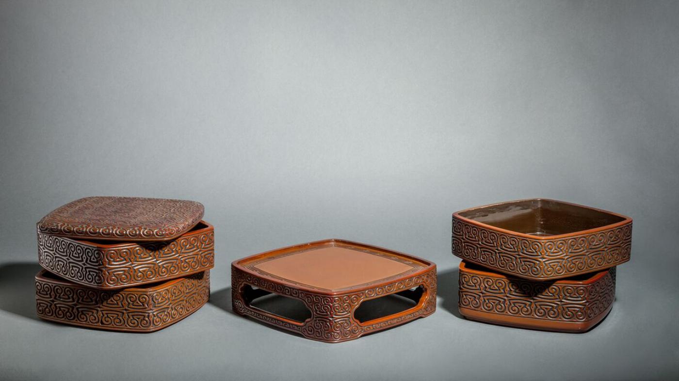 Antique Japanese Dramatically Carved and Lacquered Stack Box on Stand