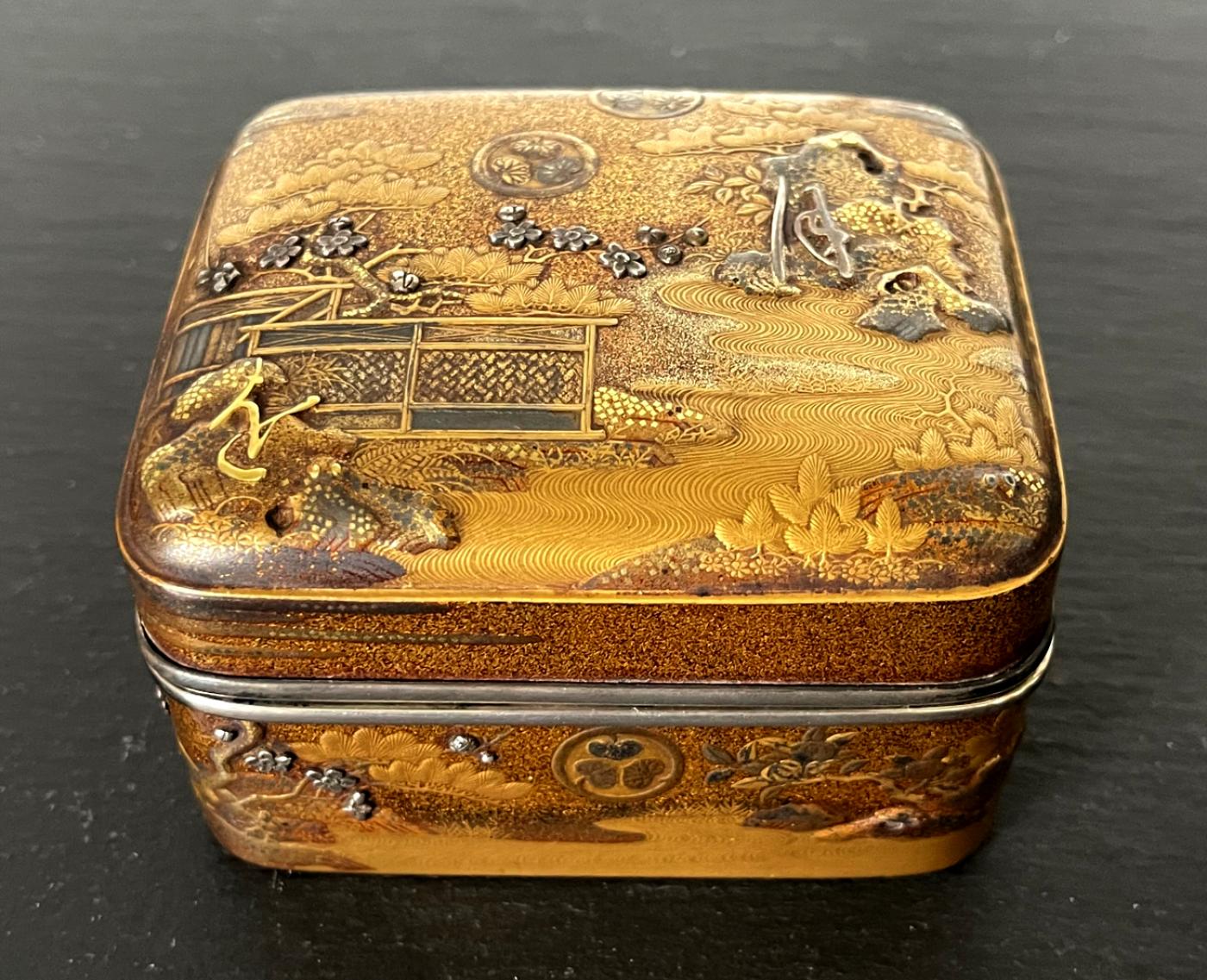 Antique Japanese Lacquer Kobako with Silver Inlays Edo Period
