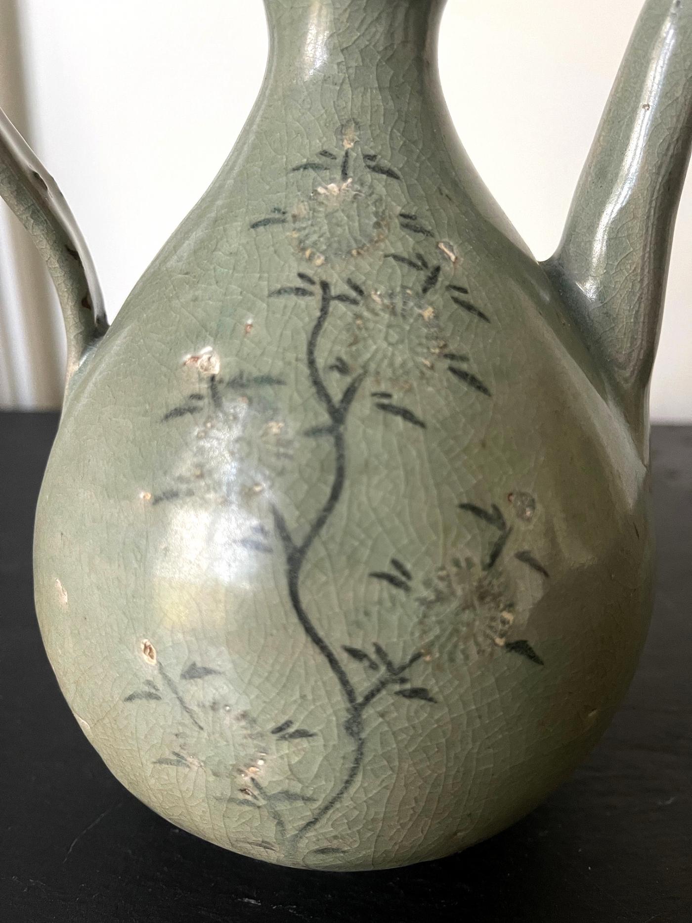 Antique Korean Celadon Ceramic Ewer with Slip Inlay Goryeo Dynasty