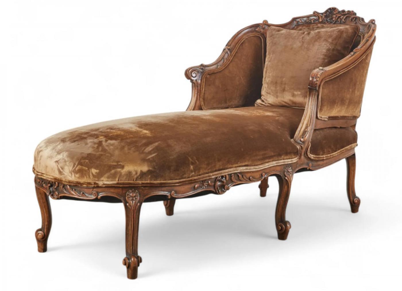 Antique Louis XV Style Rococo Walnut Chaise Lounge