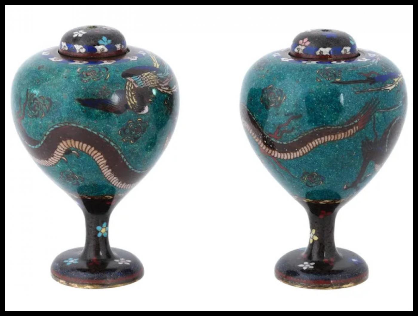 Antique Pair of Japanese Cloisonne Enamel Dragon and Phoenix Bird Jars