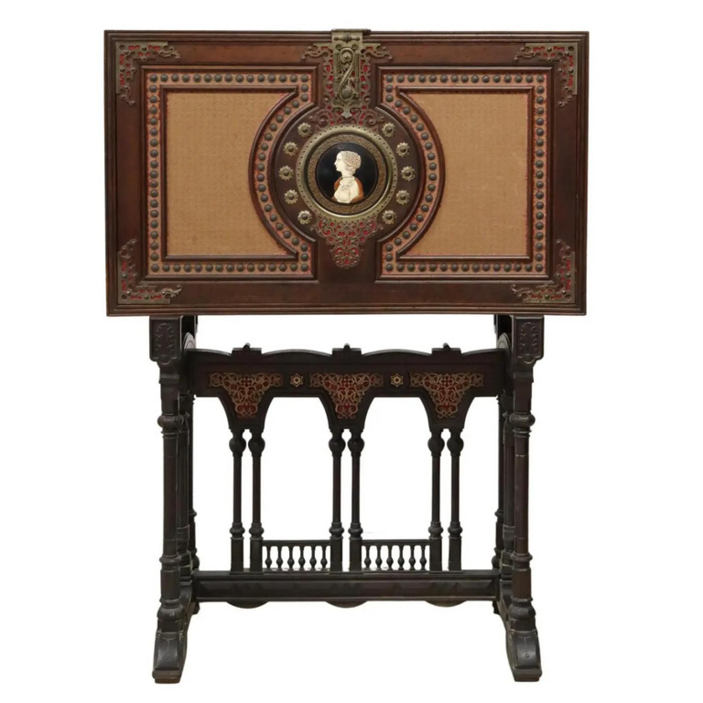 Antique Spanish Renaissance Revival Vargueno Secretary Desk on Stand