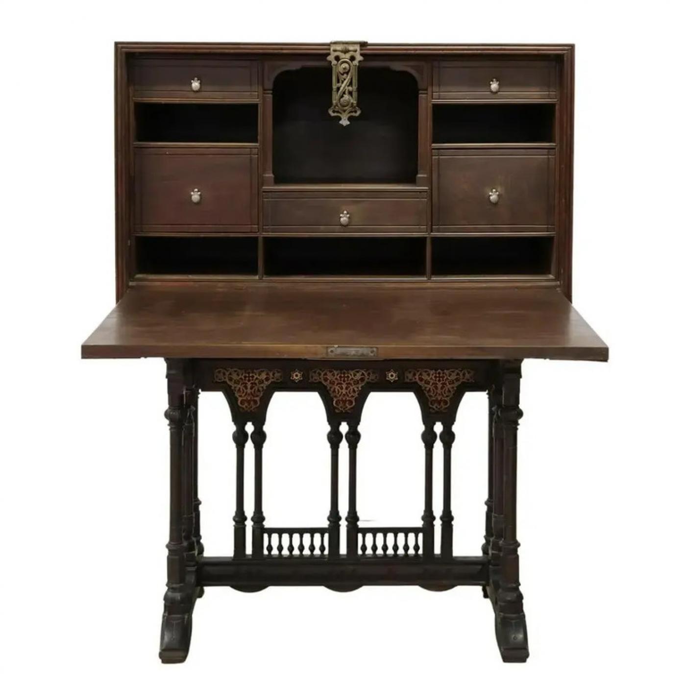 Antique Spanish Renaissance Revival Vargueno Secretary Desk on Stand