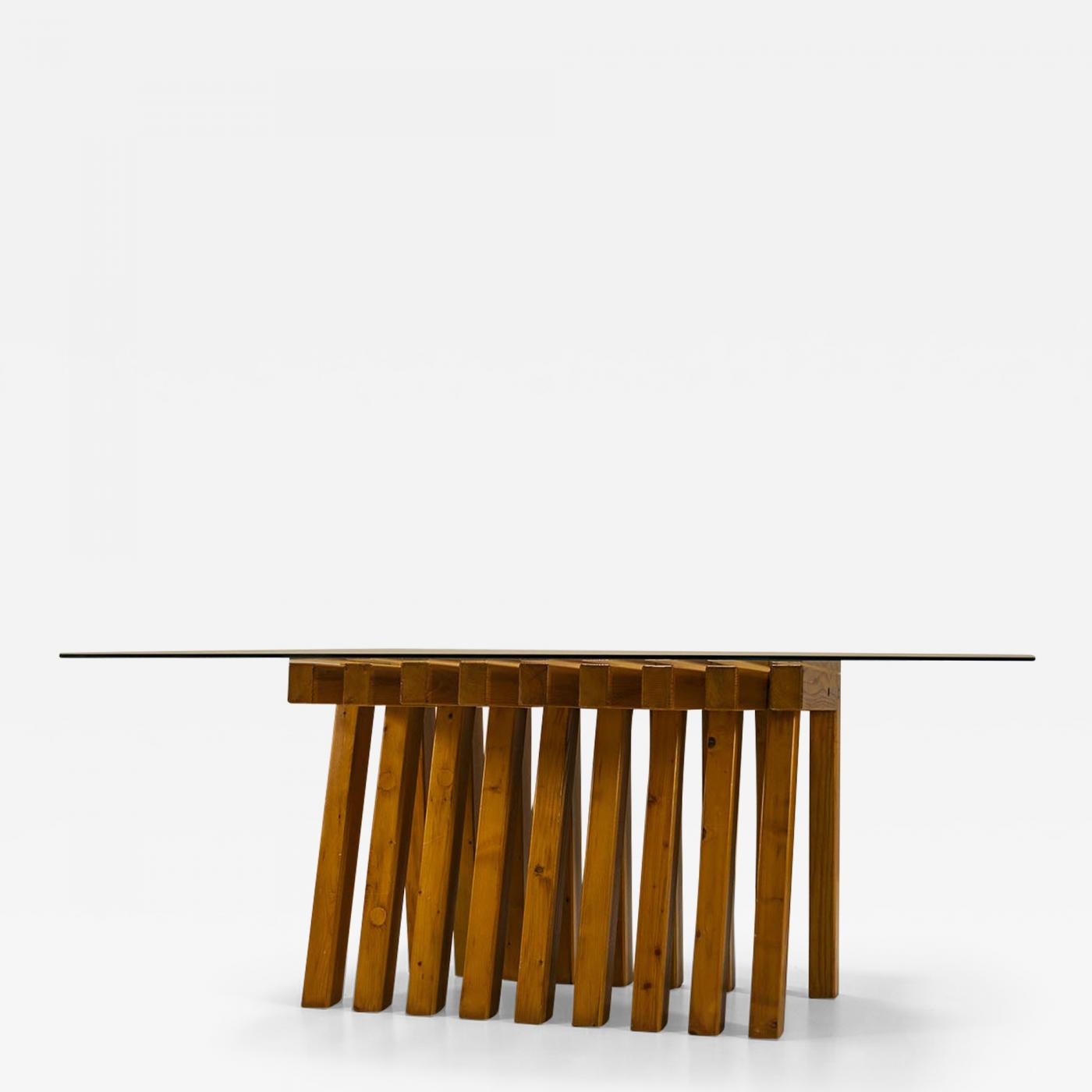 Architectural Dining Table In Pine And Glass, Italy 1970s