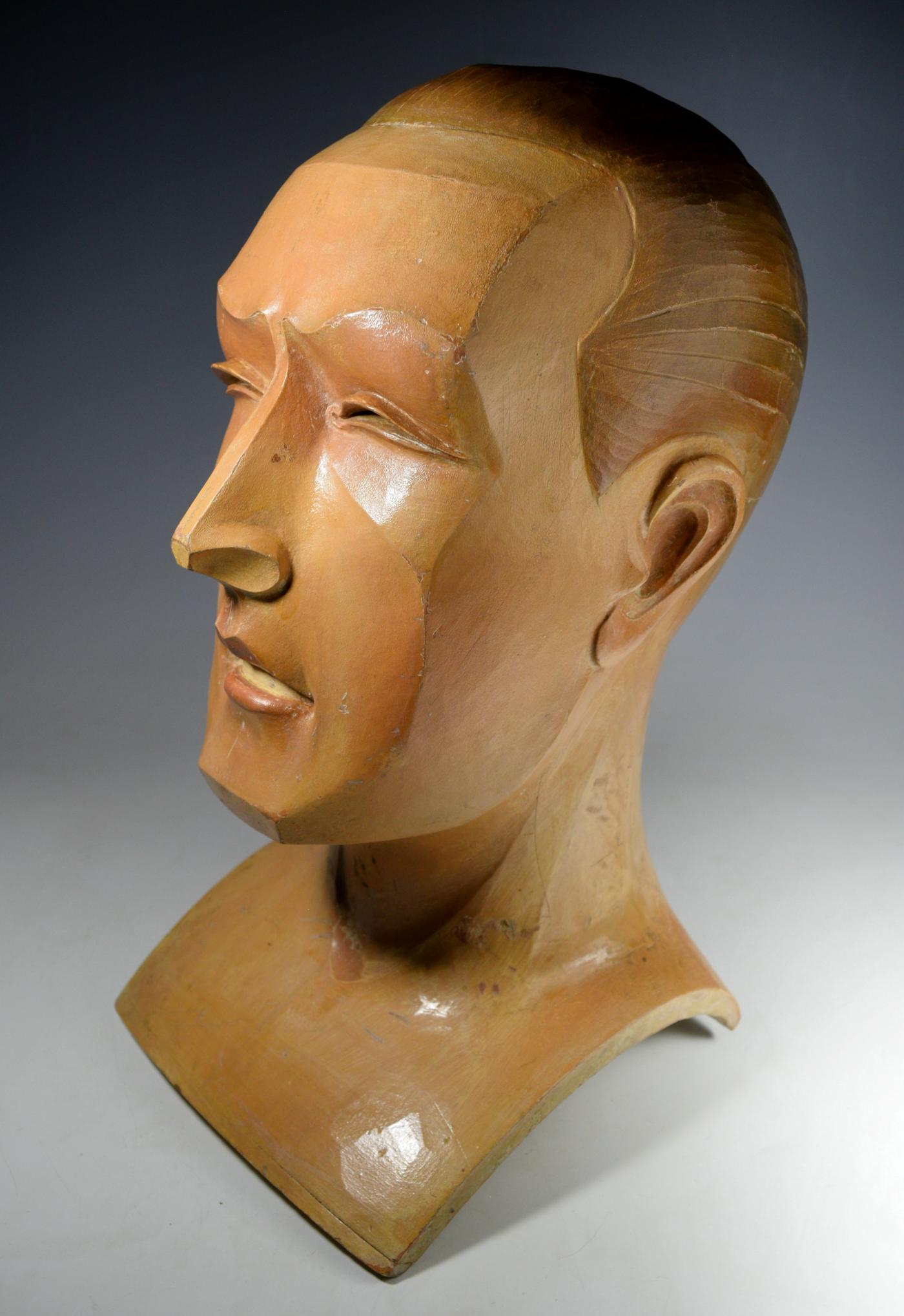Art Deco Cubist Carved Wood Head in the manner of Pierre Imans Paris 1920