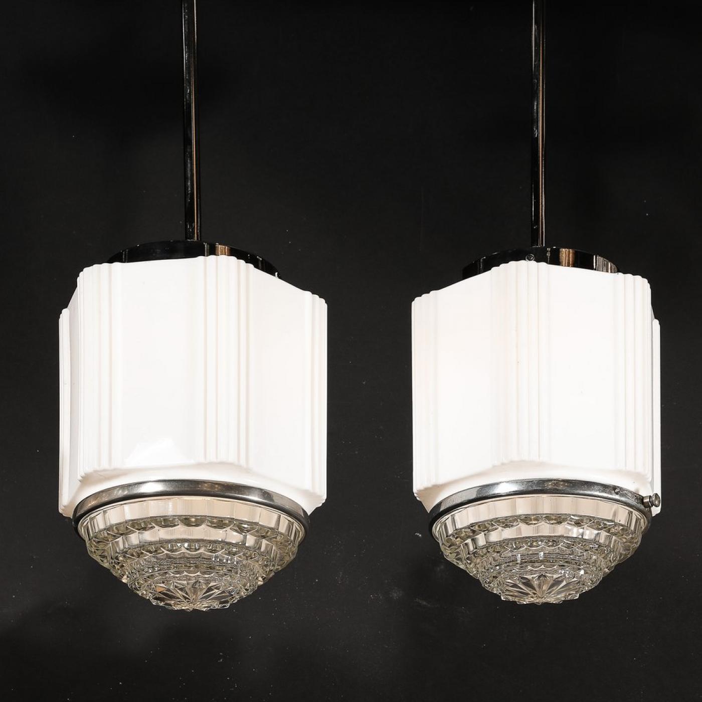 Art Deco Fluted Milk Glass Pendant Chandeliers w/ Chrome Fittings ...