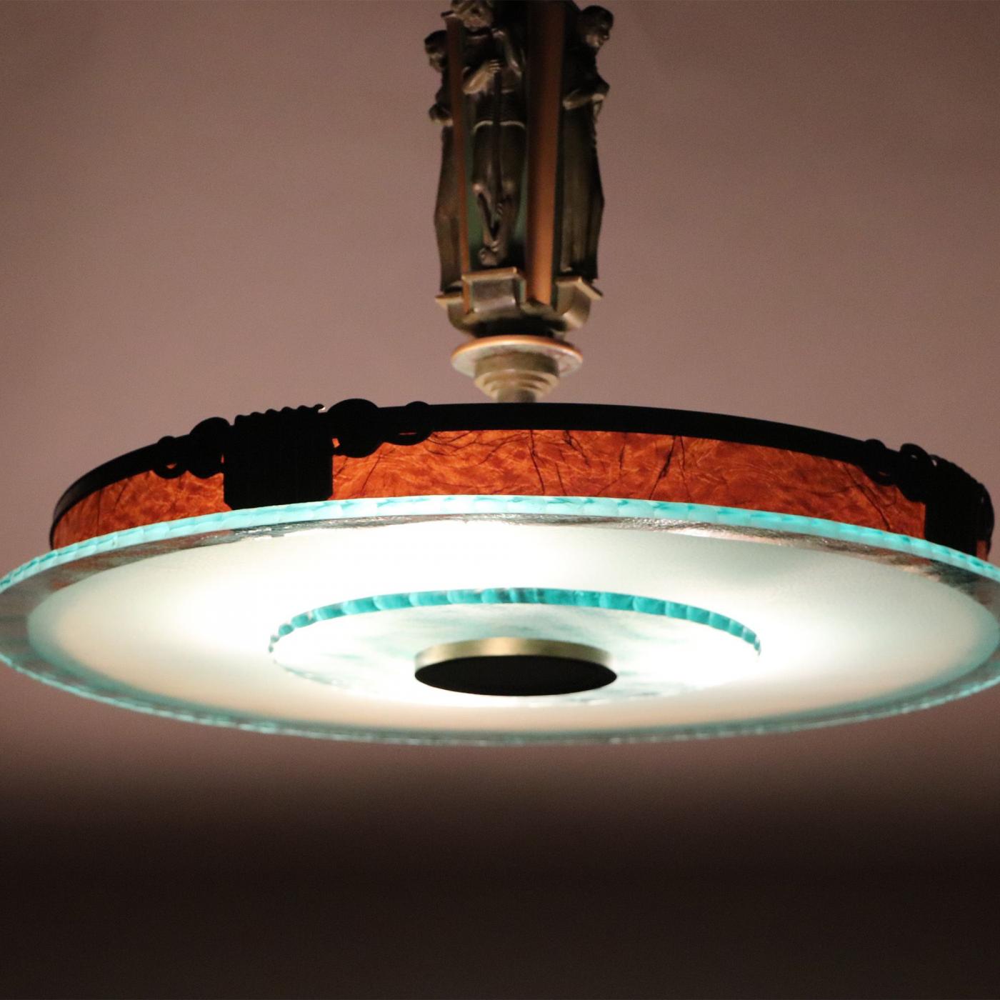 Art Deco Hanging Light Fixture with St. George Motif. Circa 1920.