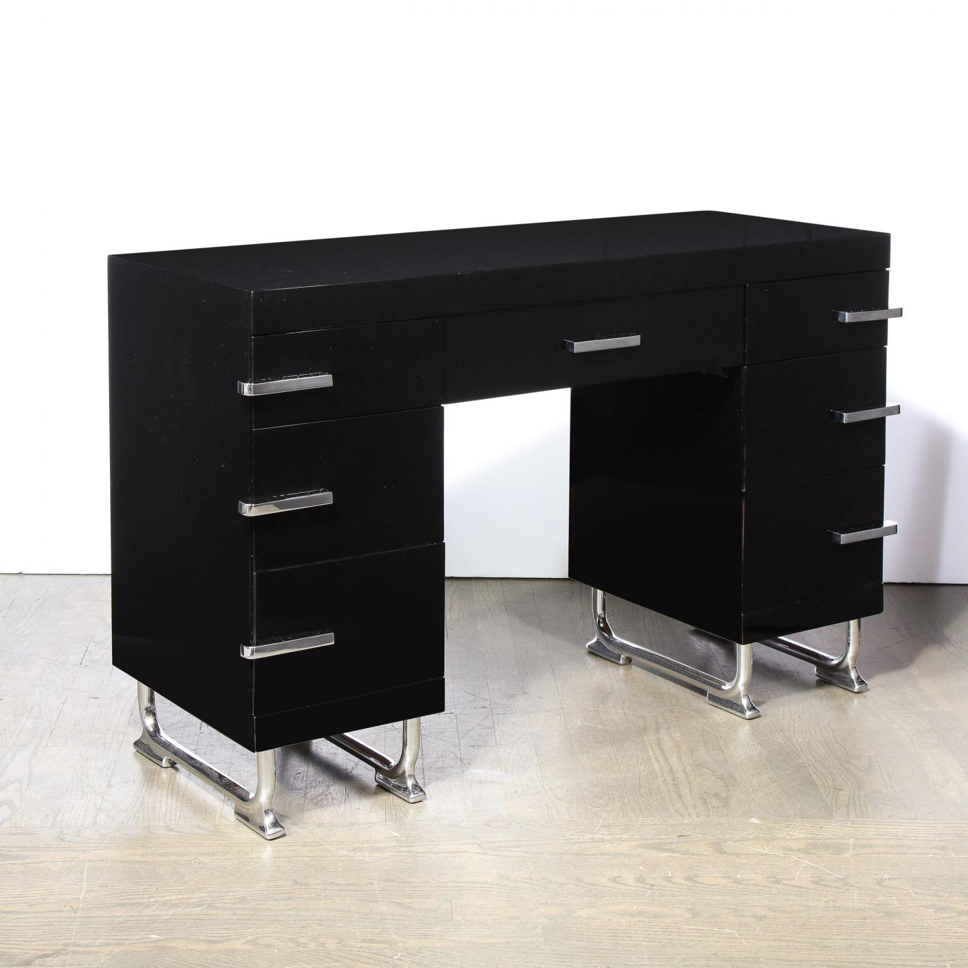 Art Deco Machine Age Black Lacquer Desk with Streamlined Chrome Pulls