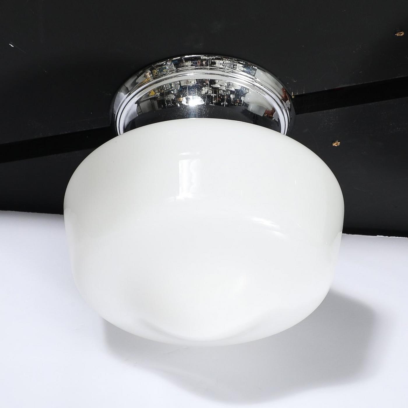 Art Deco Machine Age Rounded Cylindrical Milk Glass Flush Mount Chandelier