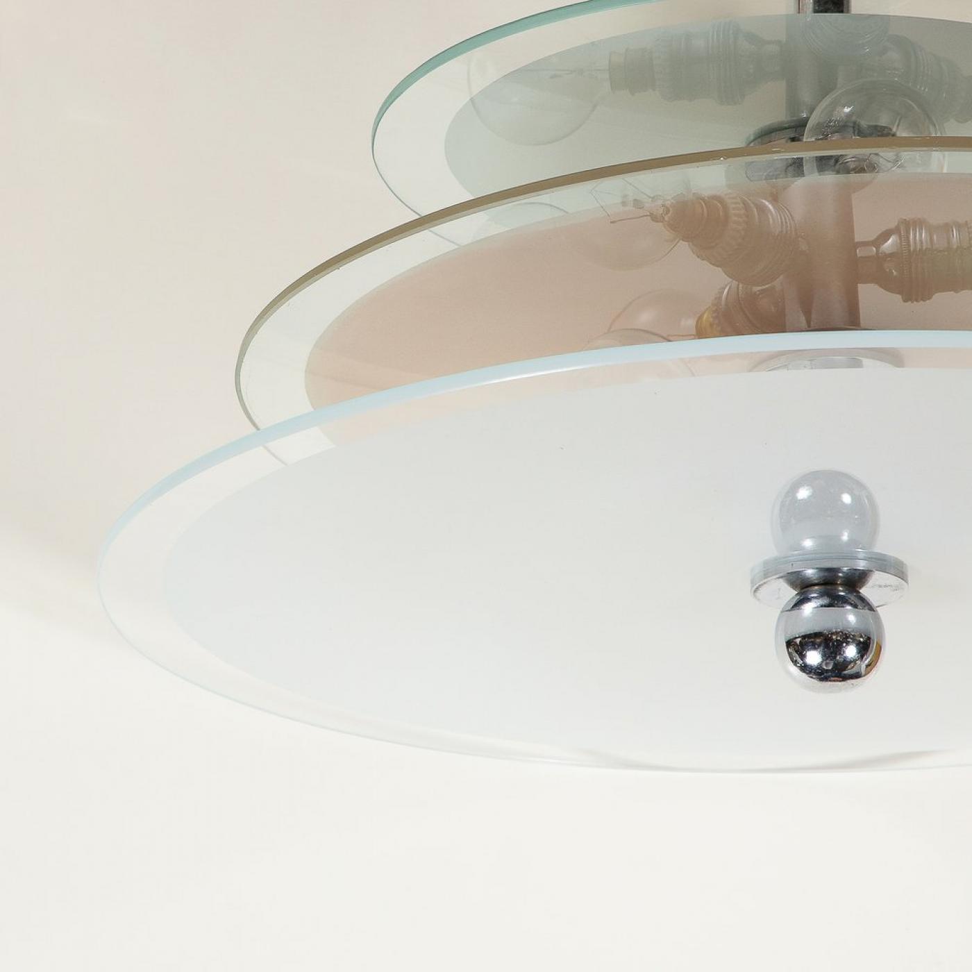 Art Deco Machine Age Three-Tier Chandelier in Frosted Copper and Glass