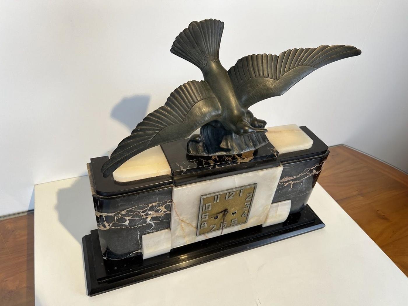 Art Deco Mantel Clock with Bird Sculpture, Marble, France circa 1930