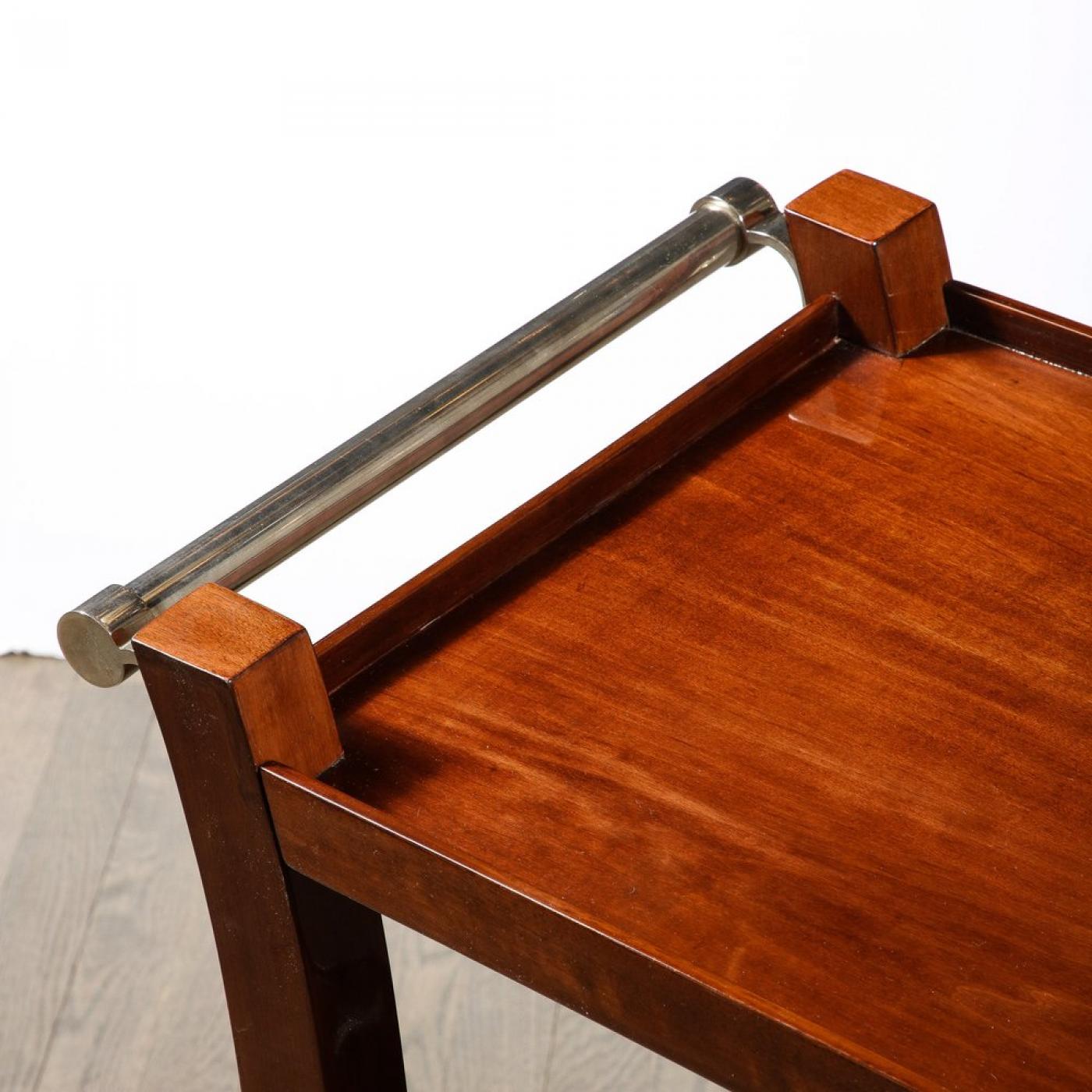 Art Deco Scroll Form Three-Tier Bar Cart in Walnut with Nickel Fittings