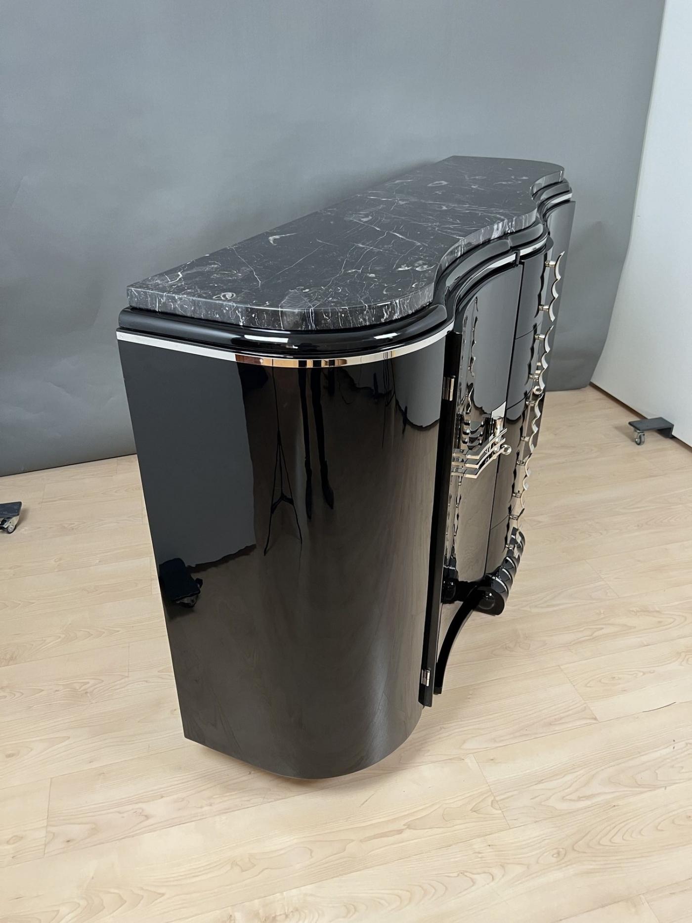 Art Deco Sideboard, Black Lacquer, Chrome, Marble, France circa 1930