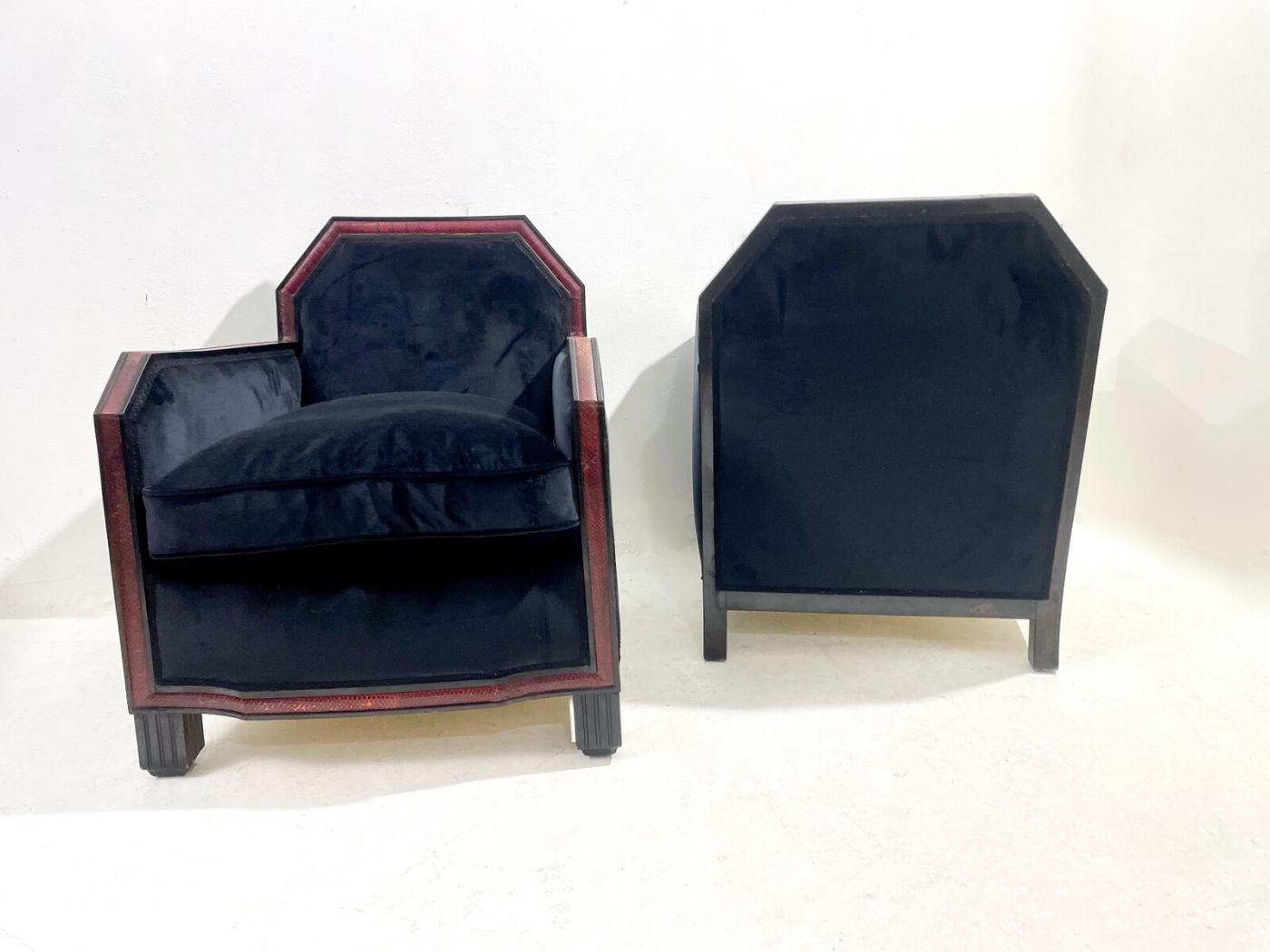 Art Deco Style Black Velvet and Red Snake Skin Sofa & Armchairs Set