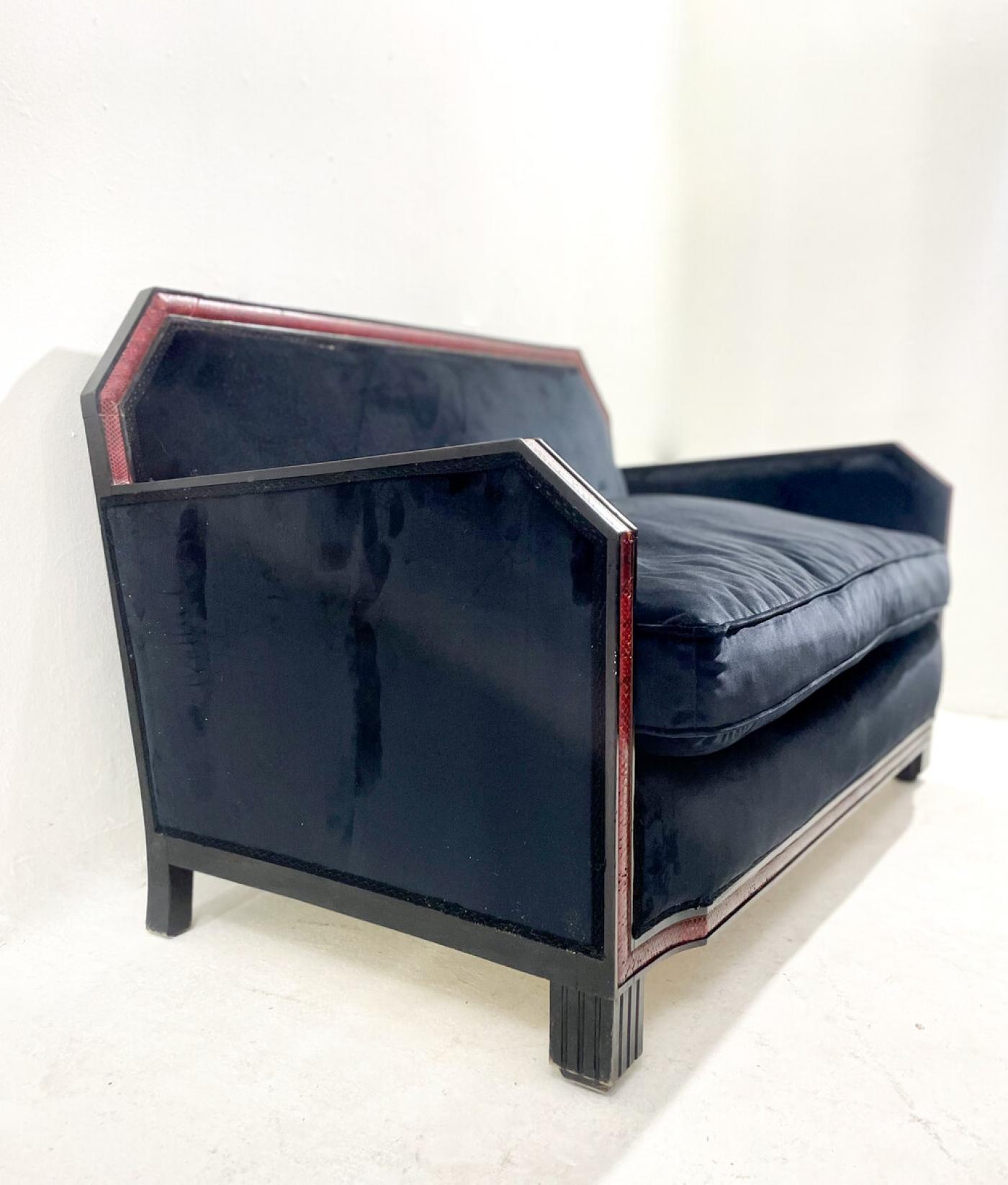 Art Deco Style Black Velvet and Red Snake Skin Sofa & Armchairs Set