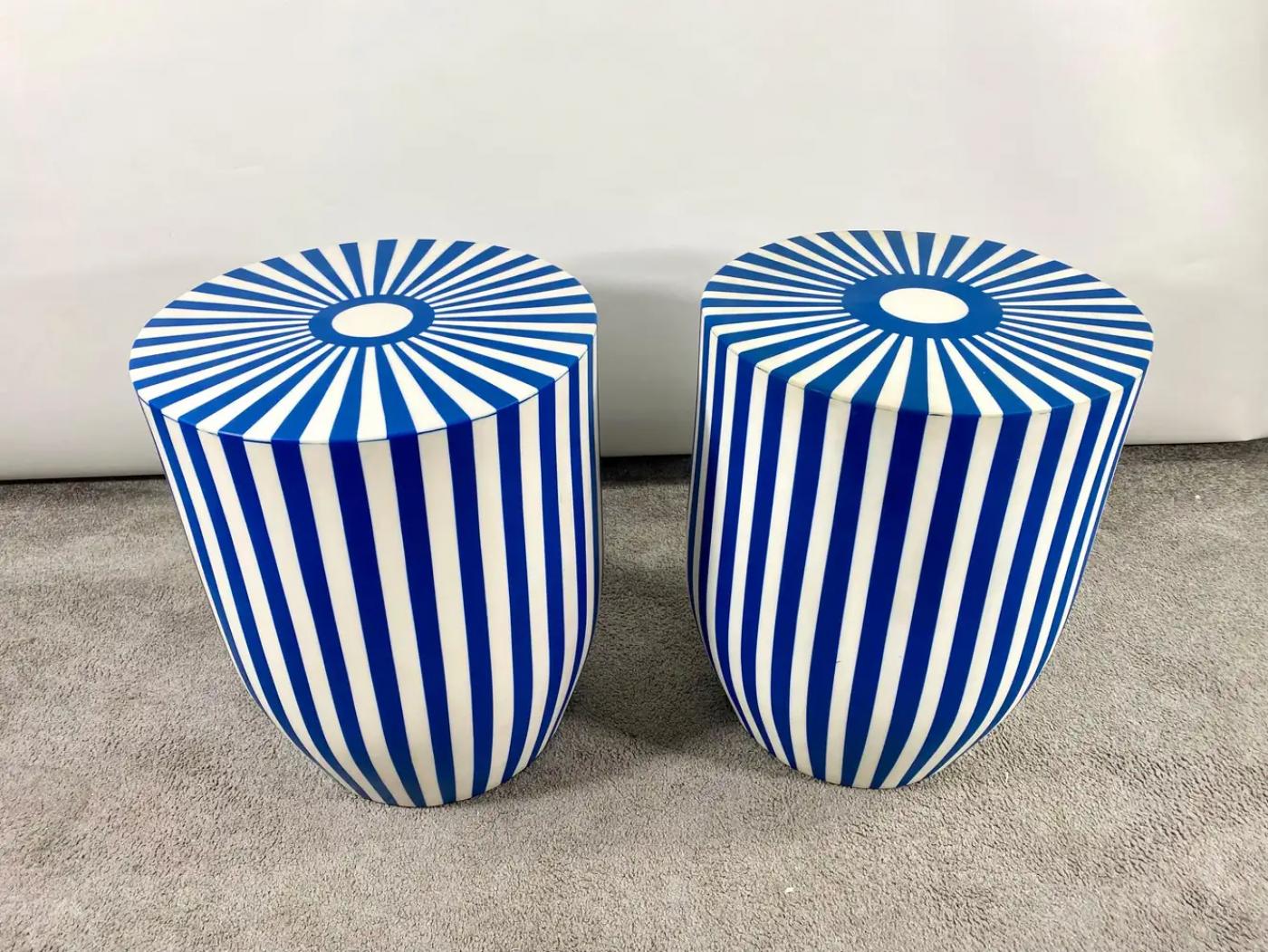 Art Deco Style Blue & White Resin Cylindrical Side / End Table or Stool ...