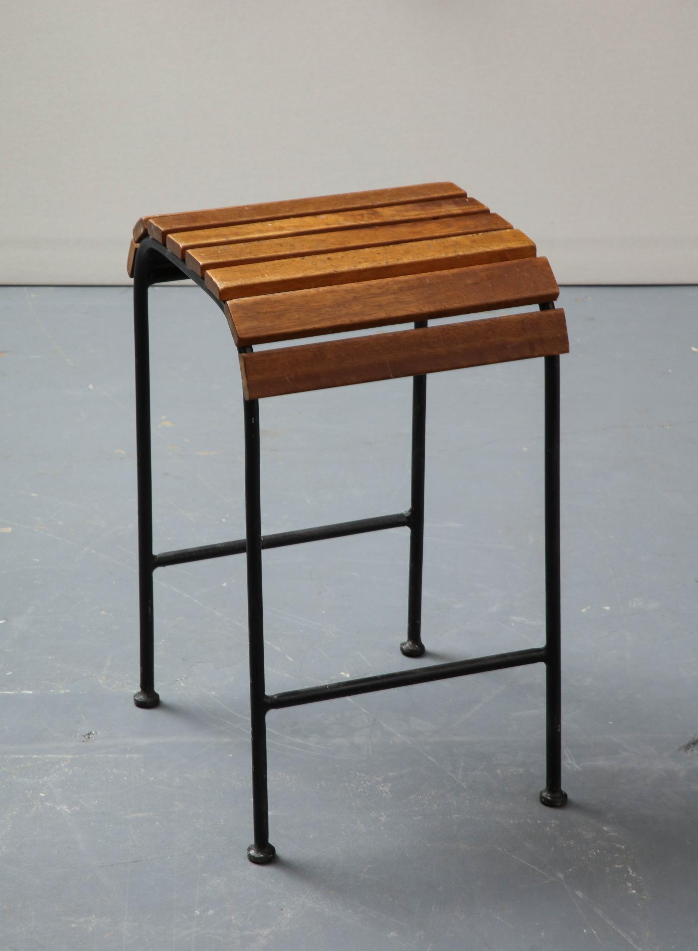 Arthur Umanoff - Wood and Lacquered Black Steel Stool in the Style of ...