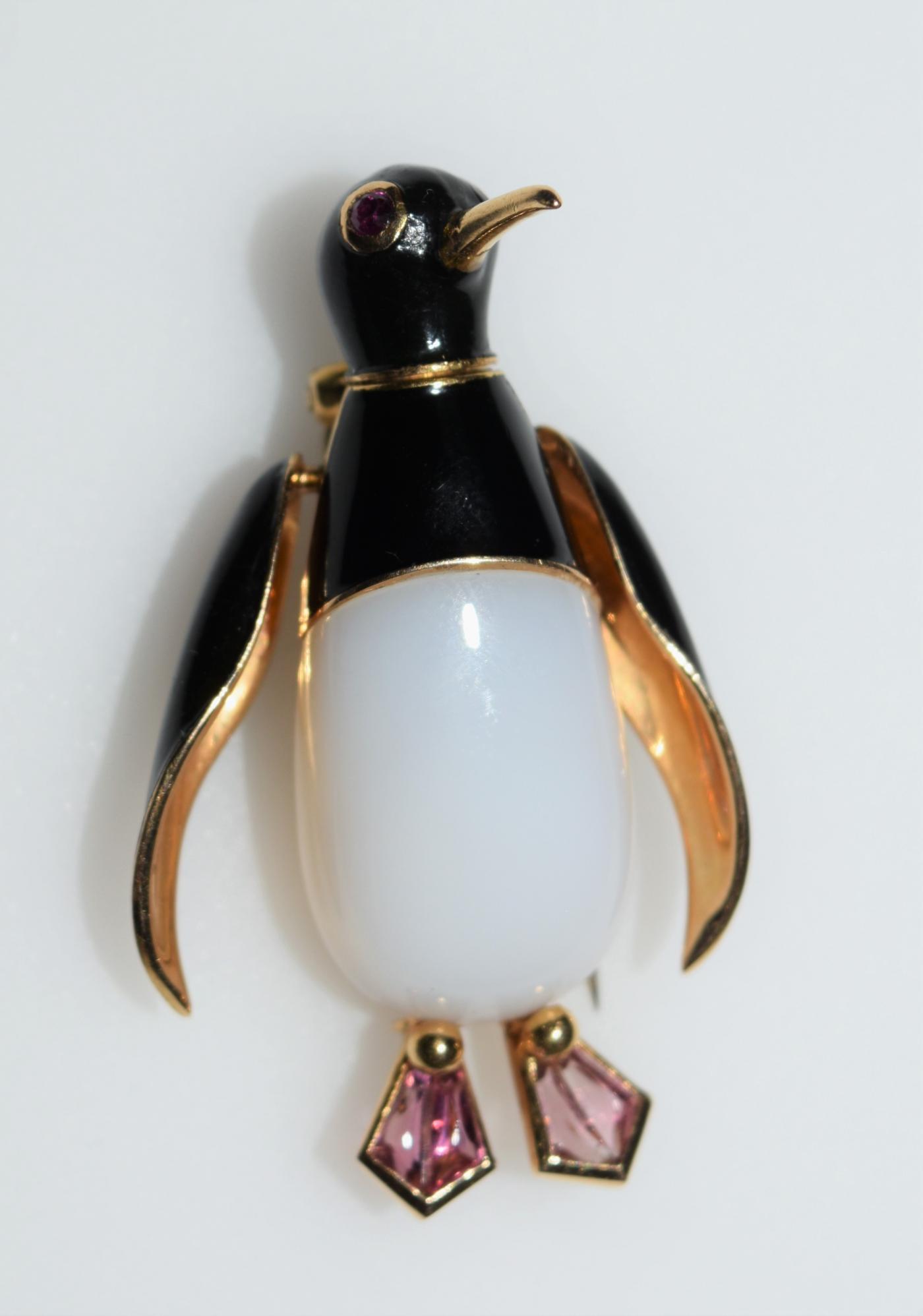Articulated Penguin Brooch 18K Enamel and Agate