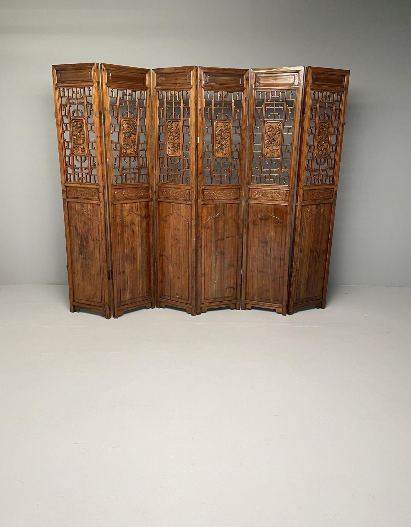 Asian 19th Century Folding Screen / Room Divider, Rosewood, Teak, Six Panel
